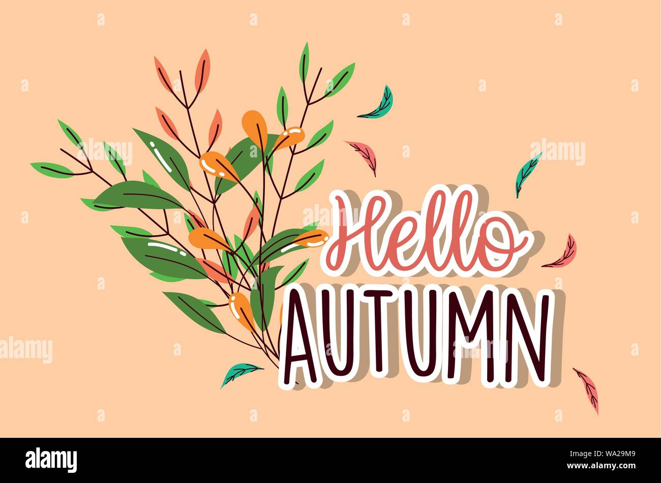 foliage leaves hello autumn season lettering vector illustration Stock ...