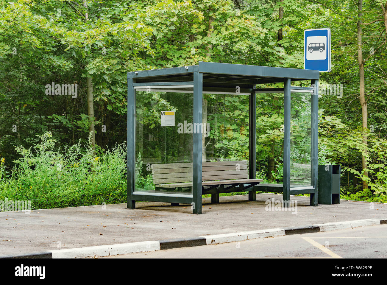 Empty bus stop in the summer forest Stock Photo - Alamy
