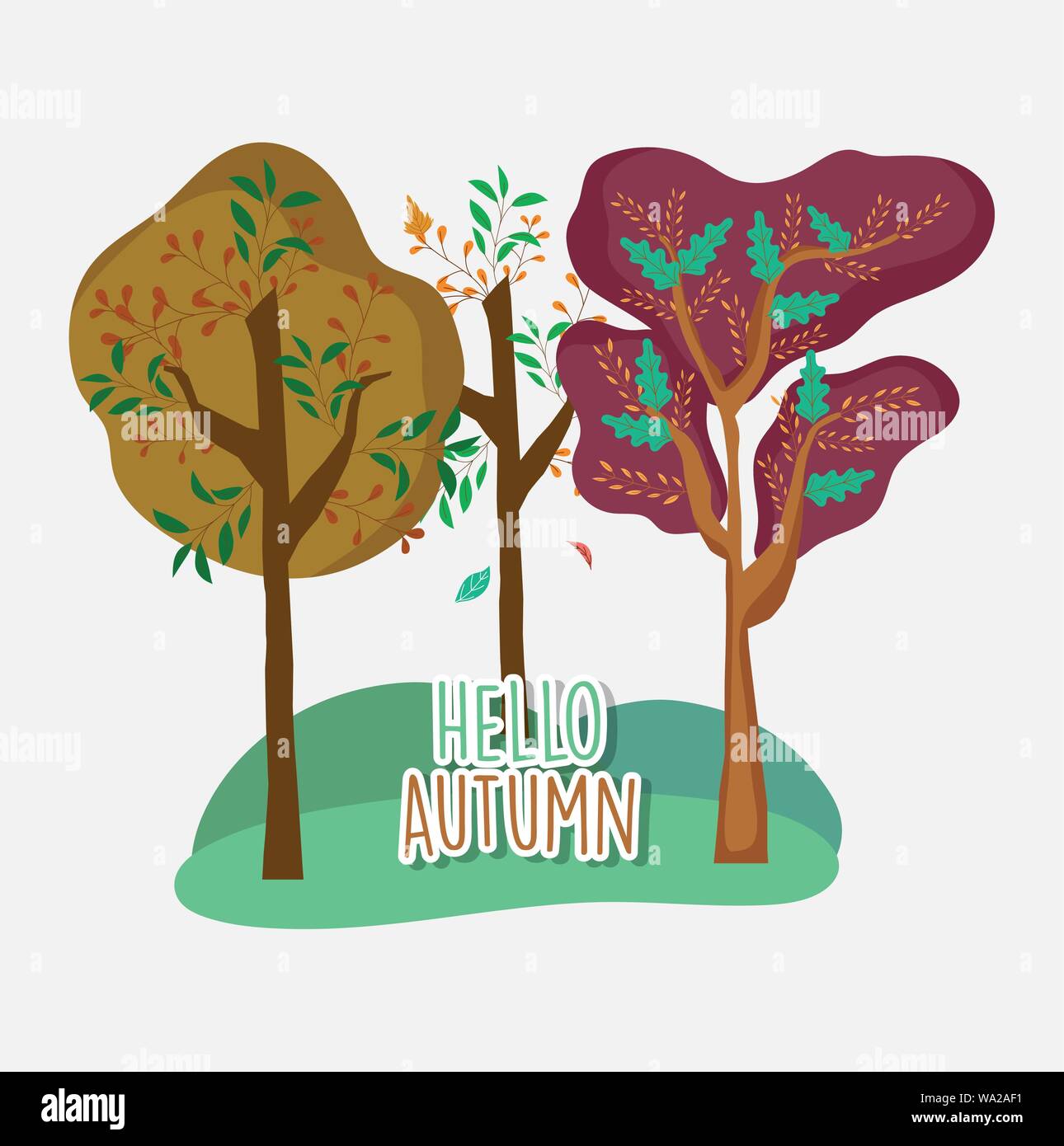 trees foliage leaves hello autumn season lettering vector illustration ...