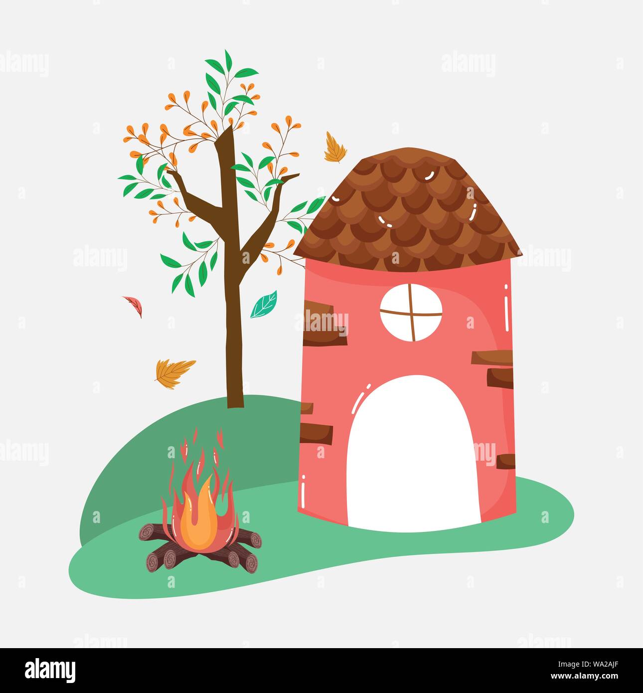 hello autumn season mill bonfire tree cartoon vector illustration Stock ...