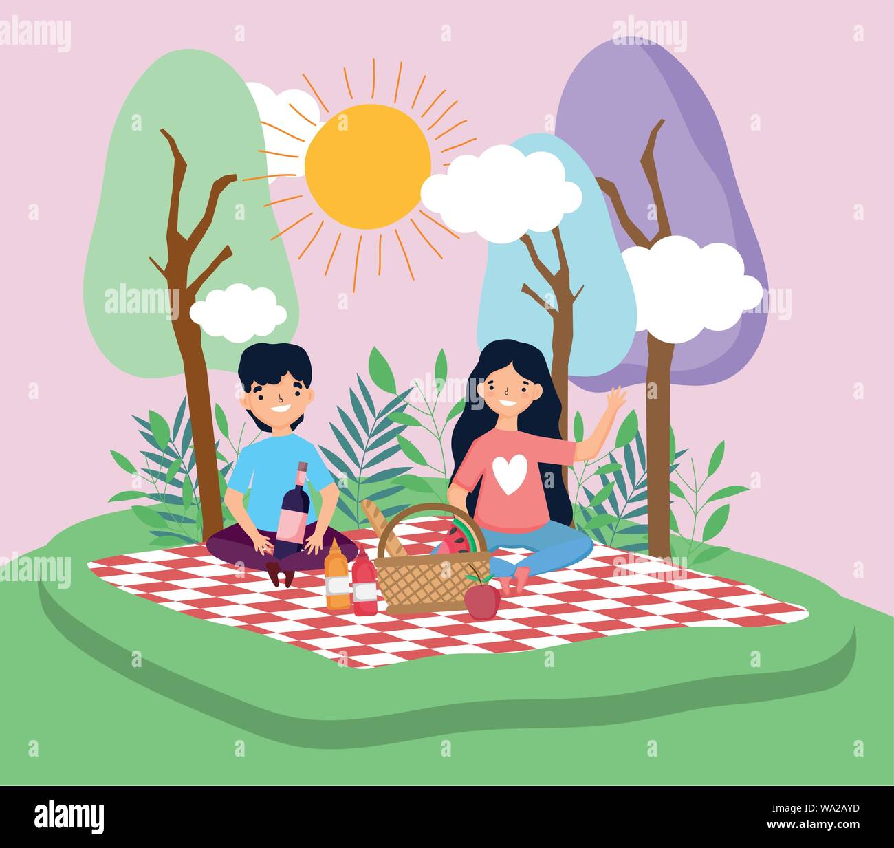 young couple with food basket picnic in the park sunny day vector ...
