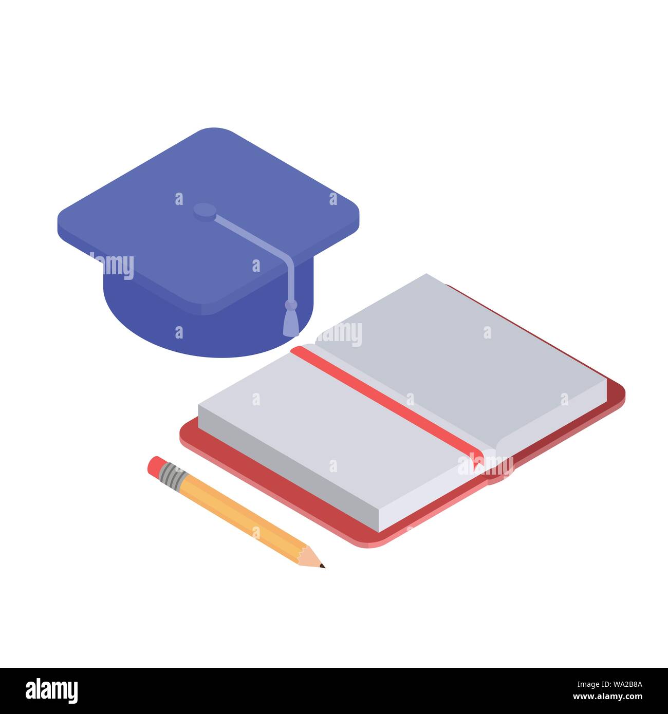 book of school with pencil and graduation hat on white background Stock ...