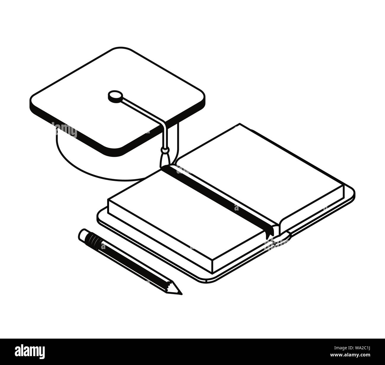book of school with pencil and graduation hat on white background Stock ...