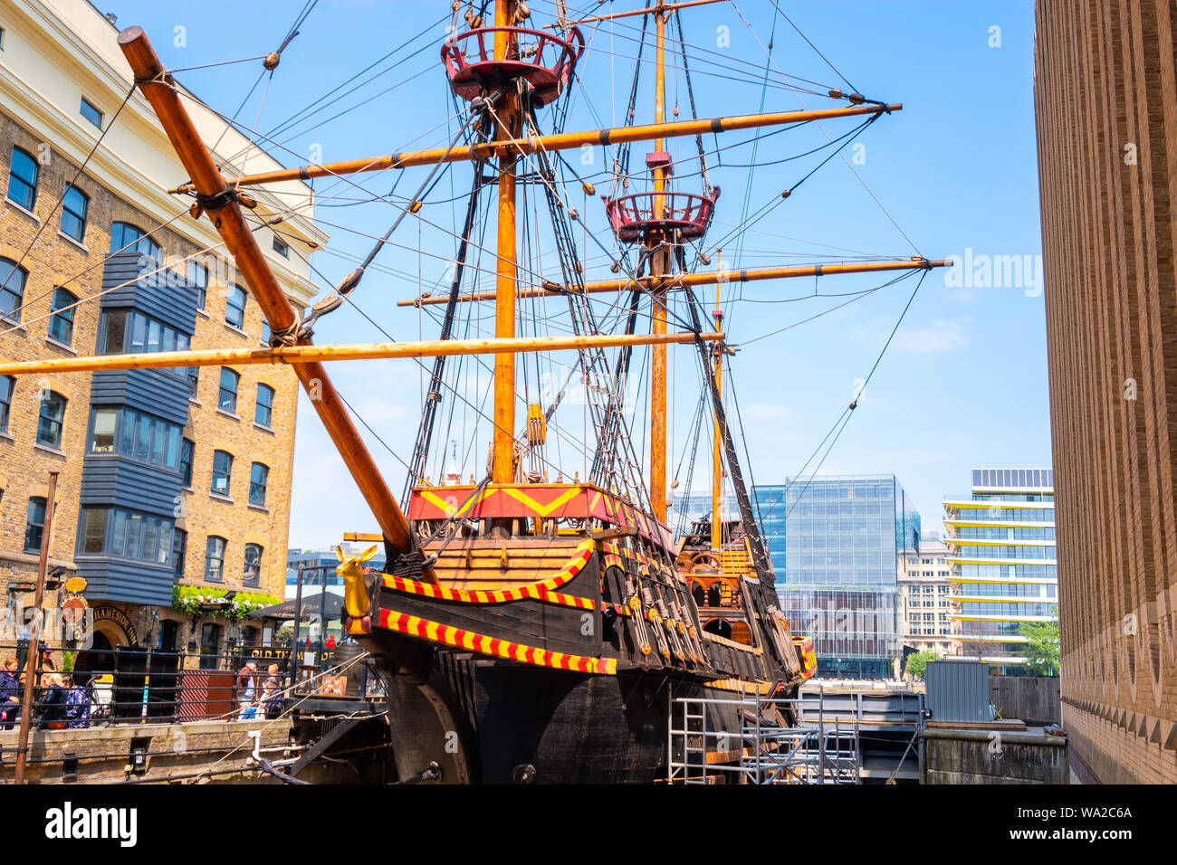 London, UK - May 23 2018: The replica of the Golden Hinde, the UK ...