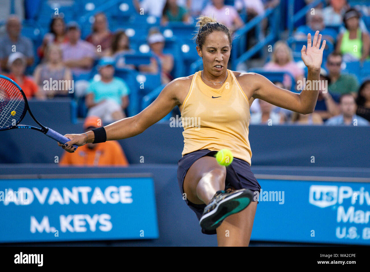Mason, Ohio, USA. 16th Aug, 2019. Madison Keys (USA) kicks a stray ...