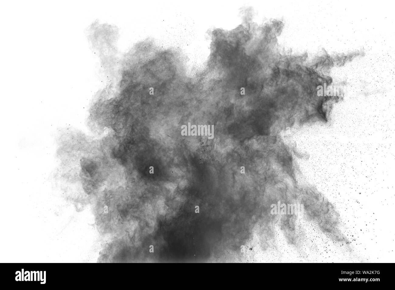 Black particles splatter on white background. Black powder dust ...