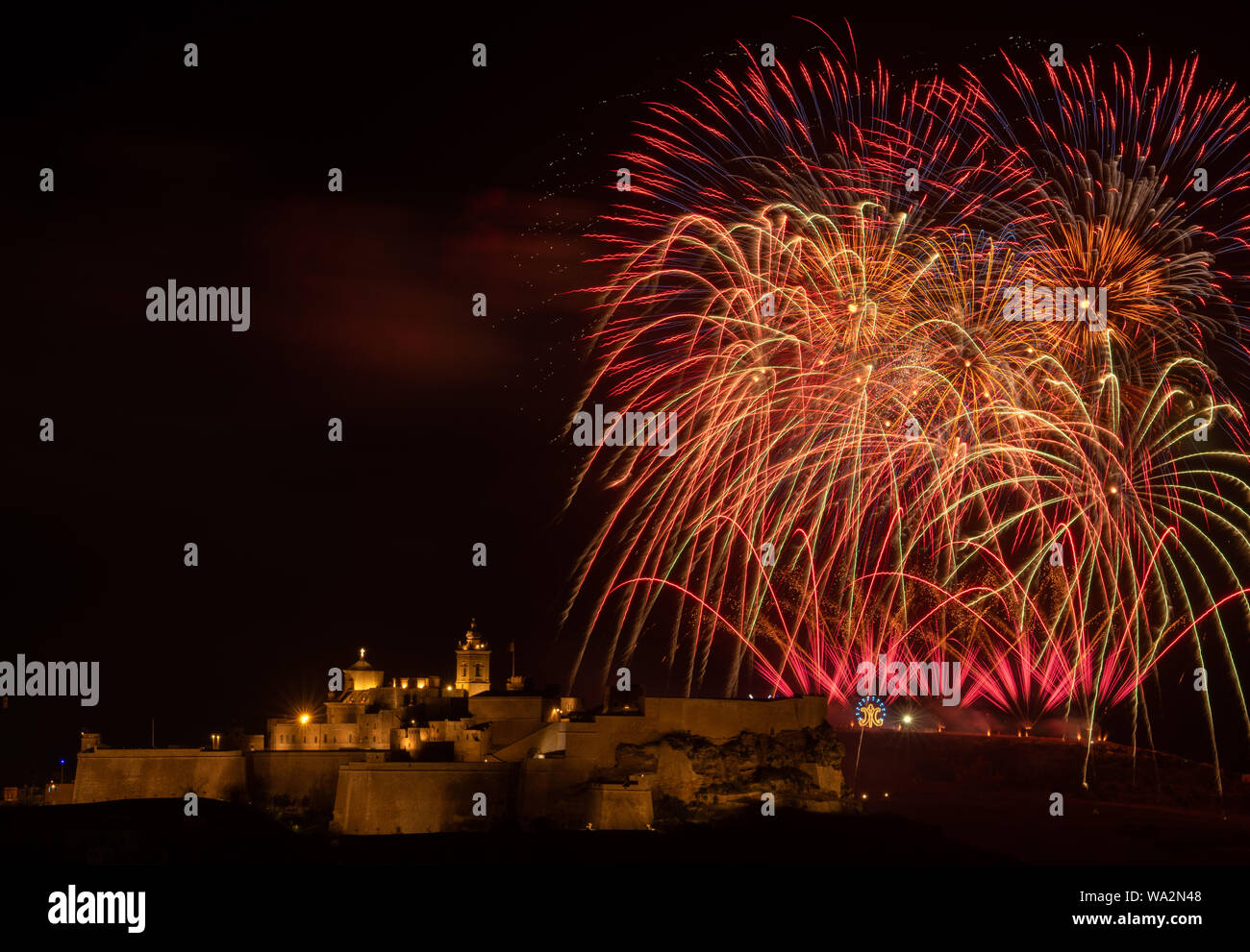Santa Marija Festa Fireworks over the Citadella in Victoria, Gozo Stock ...