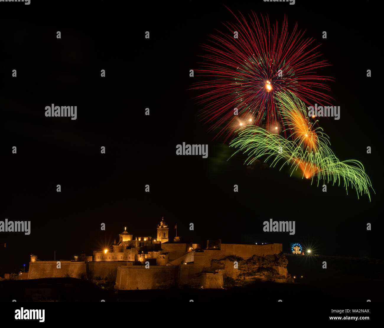 Santa Marija Festa Fireworks over the Citadella in Victoria, Gozo Stock ...