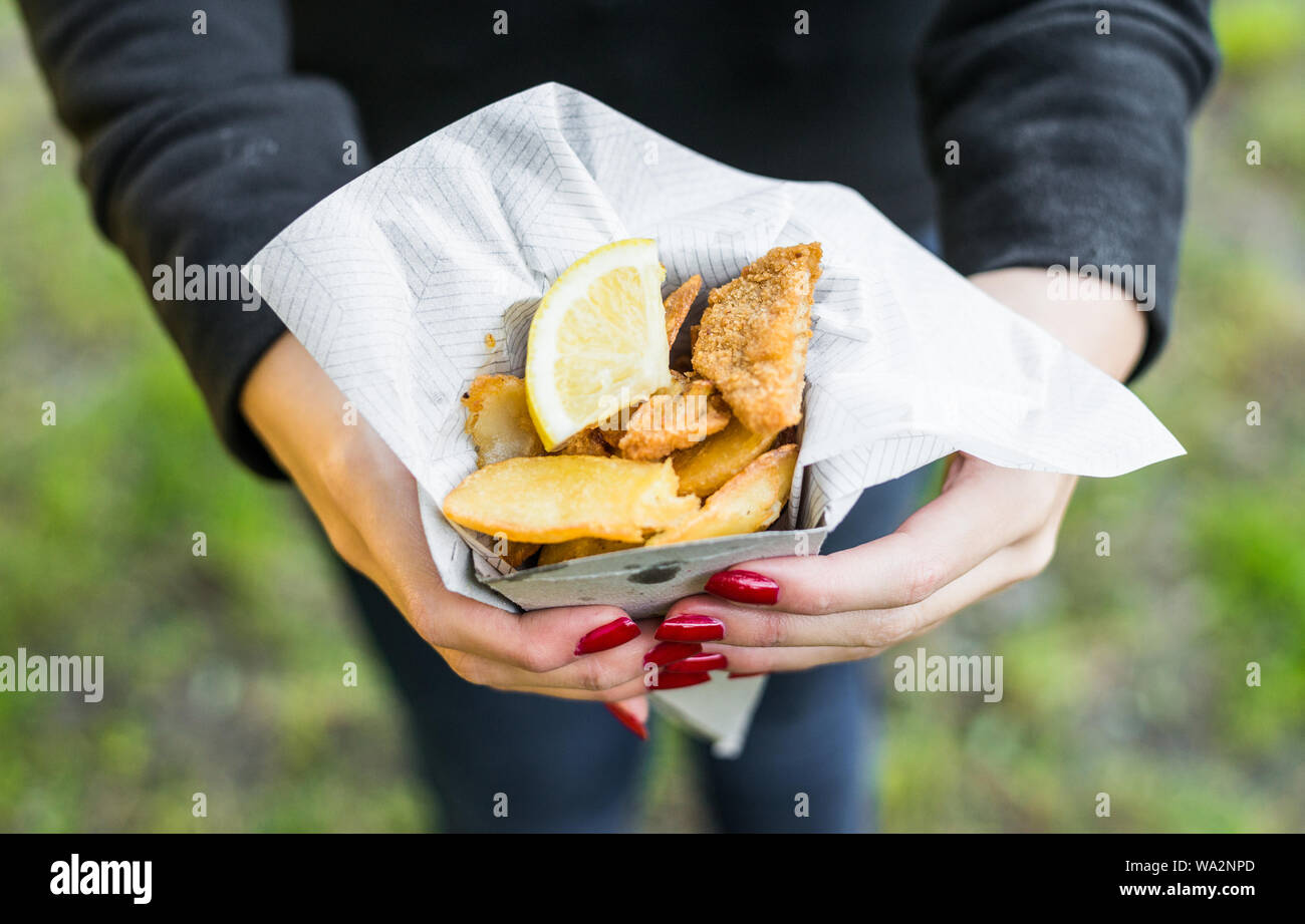 Close up photo of traditional fish and chips at a street food market ...