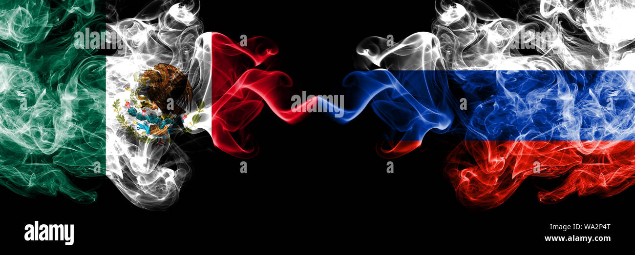 Mexico vs Russia, Russian smoky mystic flags placed side by side. Thick ...