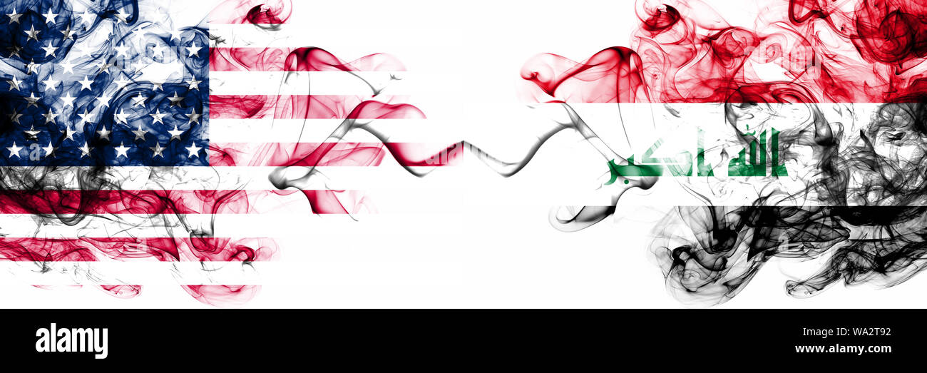 United States of America vs Iraq, Iraqi smoky mystic flags placed side ...