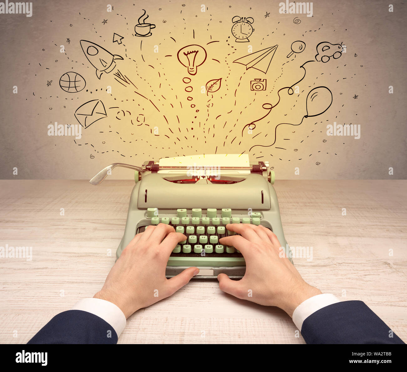 Typewriter with doodles, idea, message, plane, car balloon social media ...