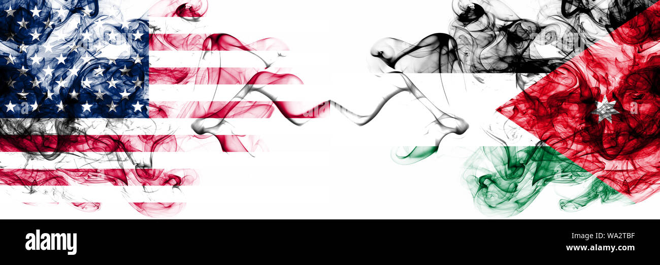 United States of America vs Jordan, Jordanian smoky mystic flags placed ...