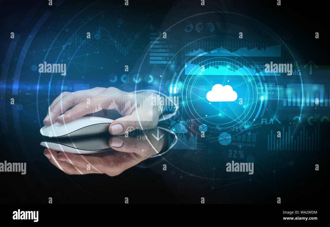 Hand using wireless mouse with cloud technology concept and dark ...