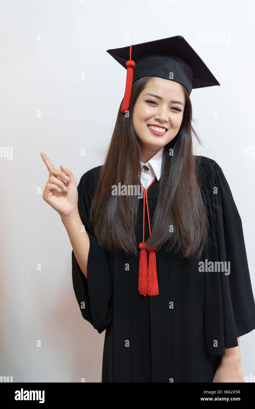 Portrait closeup. Asian beautiful smiley graduate graduated student ...