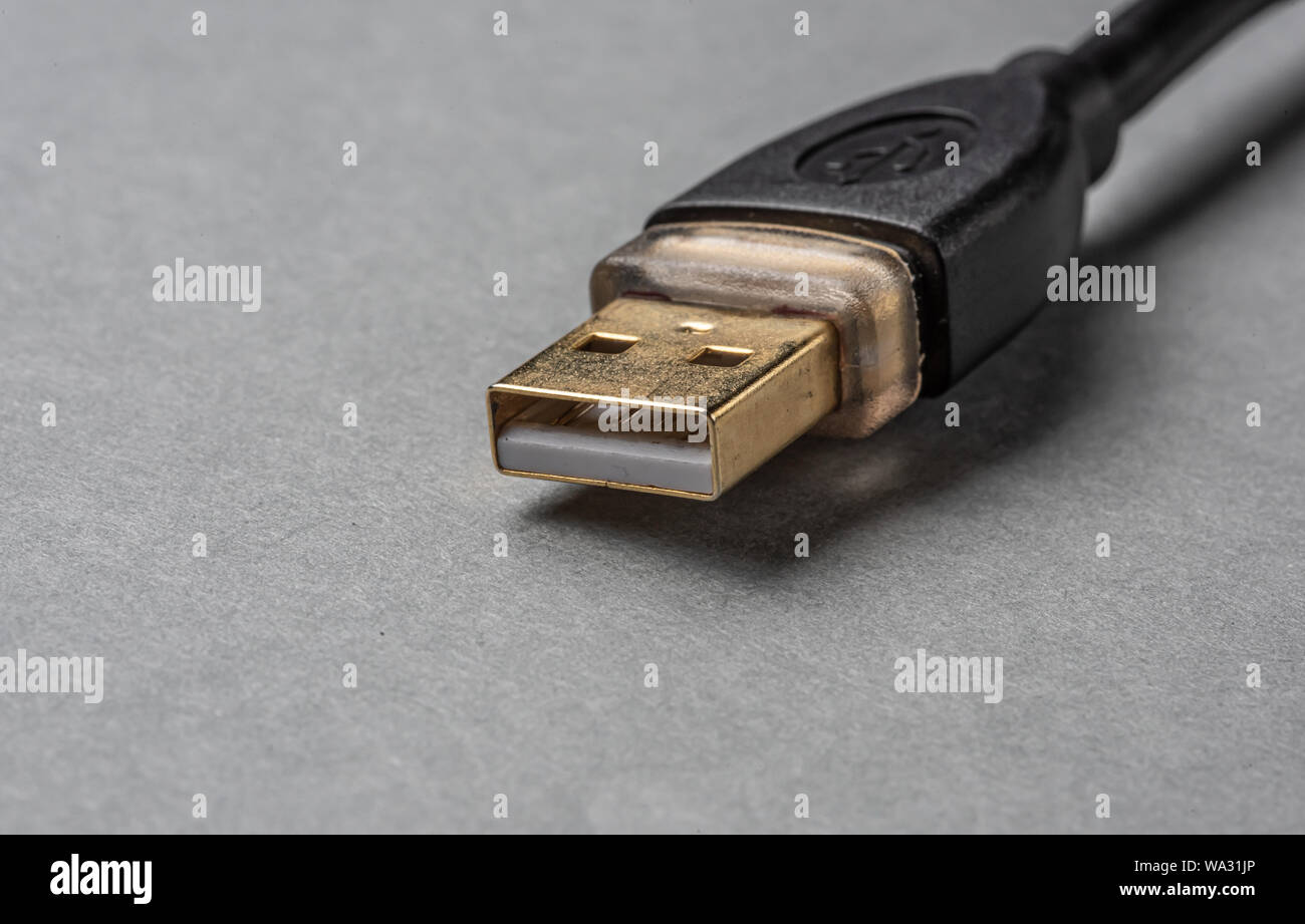Gold USB-plug on grey background Stock Photo - Alamy