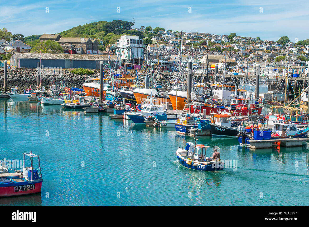 The harbour at Newlyn fishing village near Penzance in Cornwall ...