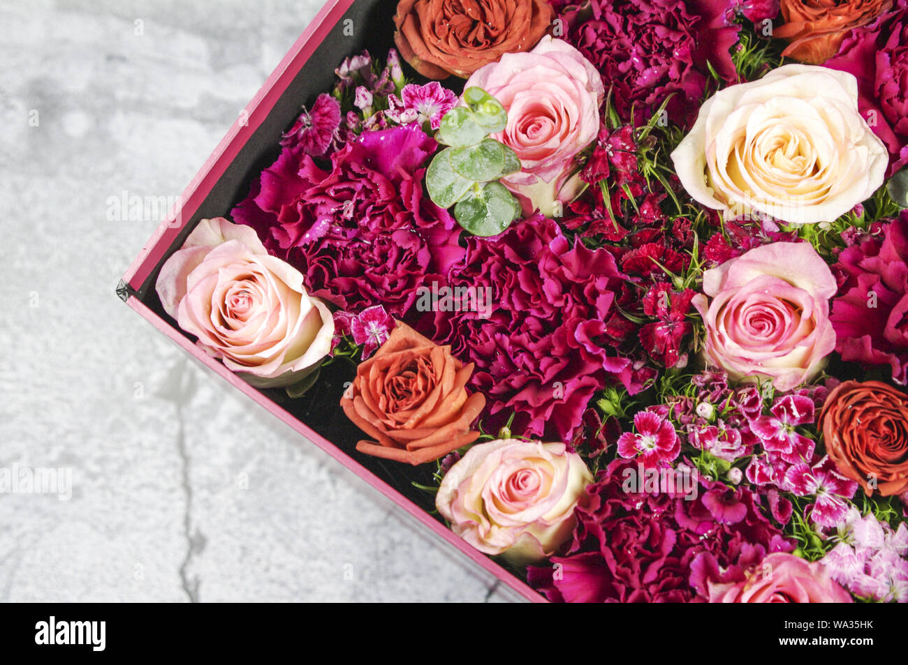 Carnations and roses gift box Stock Photo - Alamy