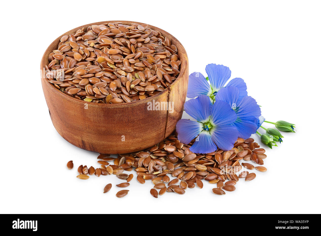 Flax Seeds In Wooden Bowl With Flower Isolated On White Background