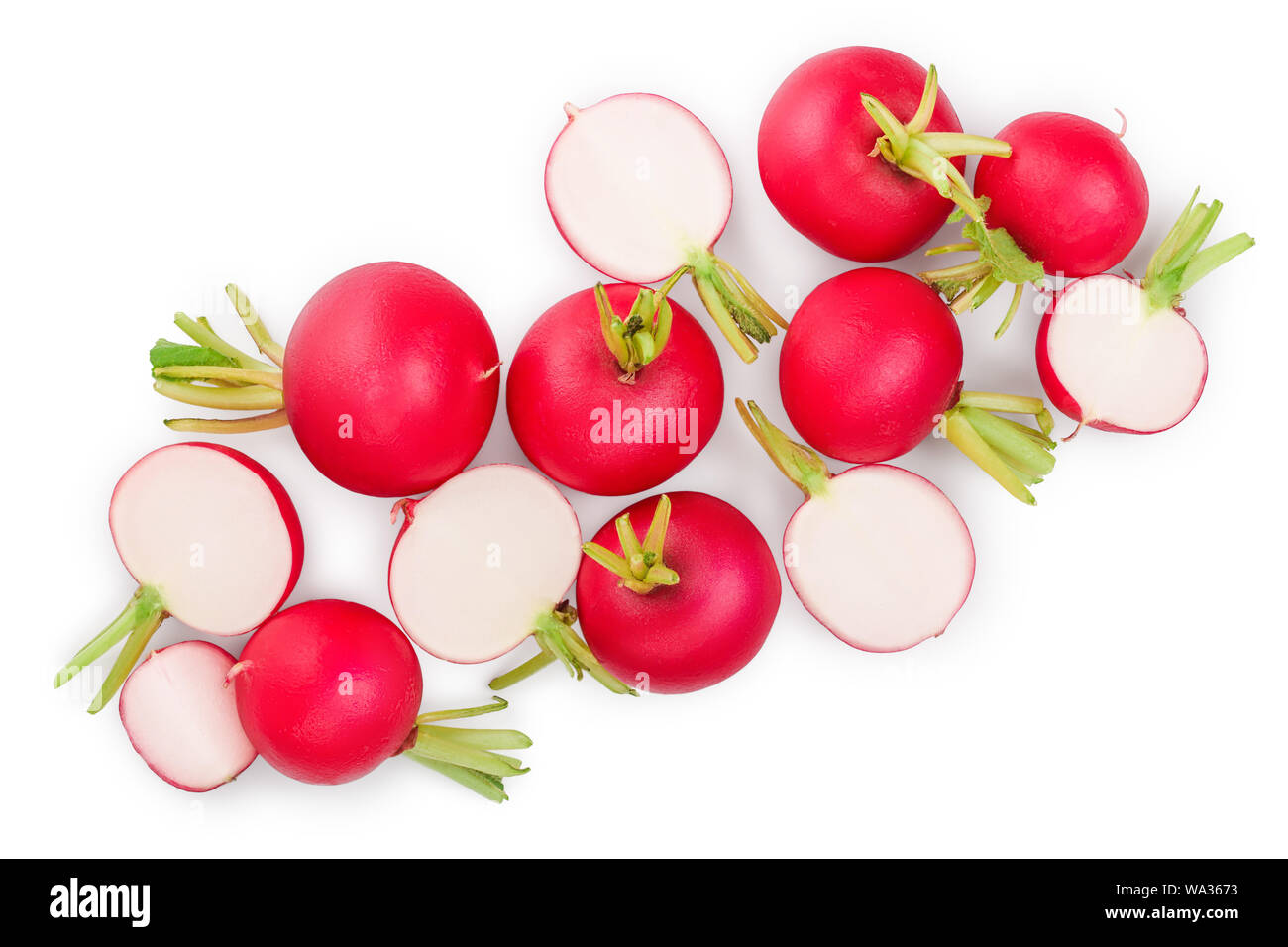 fresh whole and sliced radish isolated on white background. Top view ...