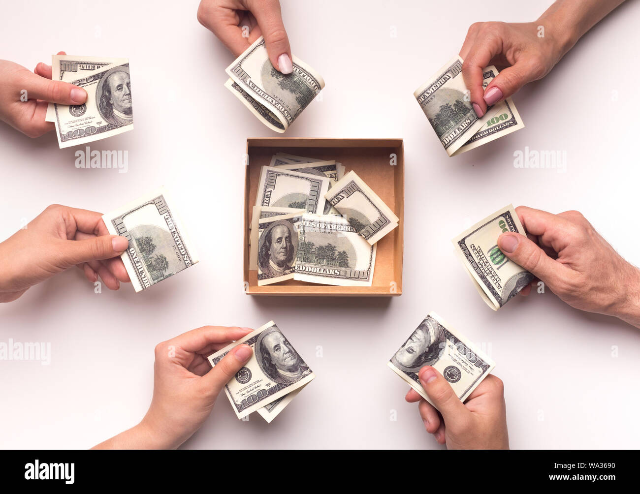 Many people giving dollars for crowdfunding on white Stock Photo - Alamy