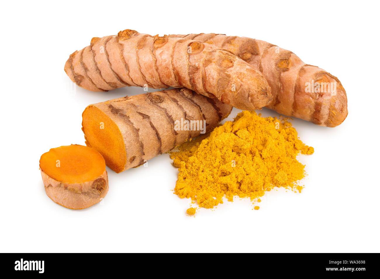 turmeric root and powder isolated on white background close up Stock ...