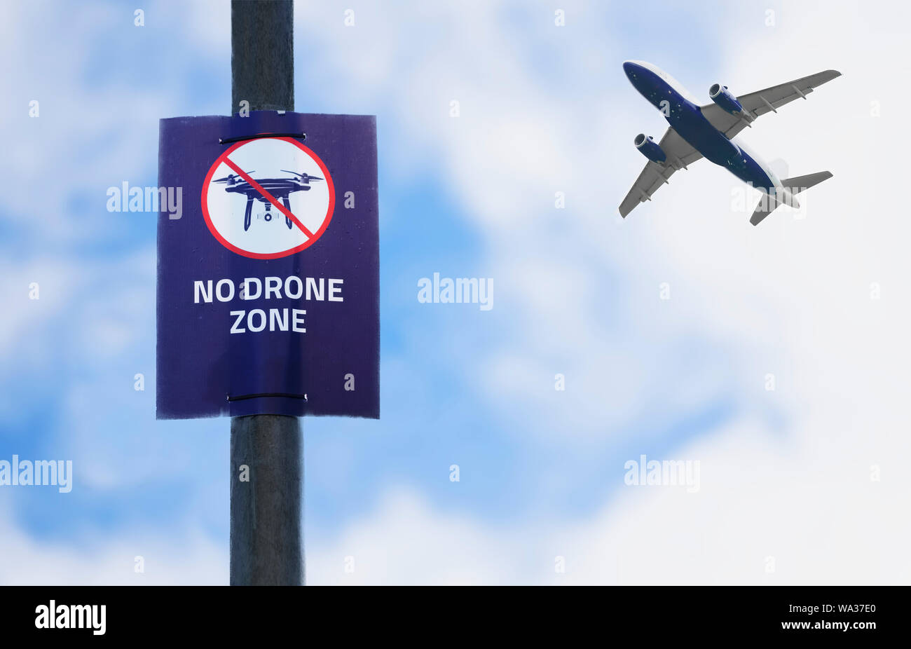 No drones allowed sign with flying airplane in blue sky which require ...