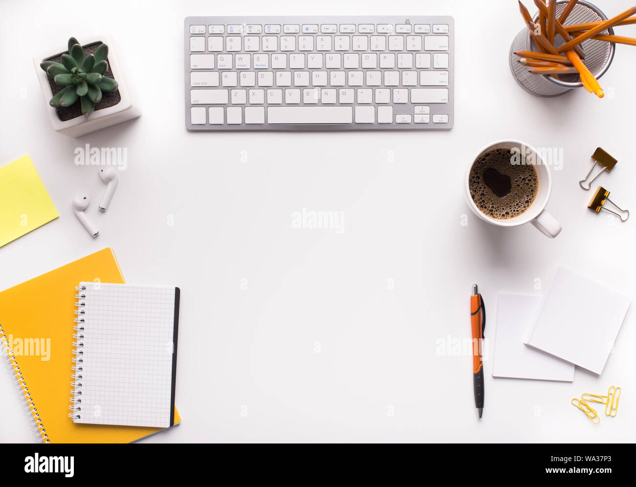 White office workplace with a lot of office stationery Stock Photo - Alamy