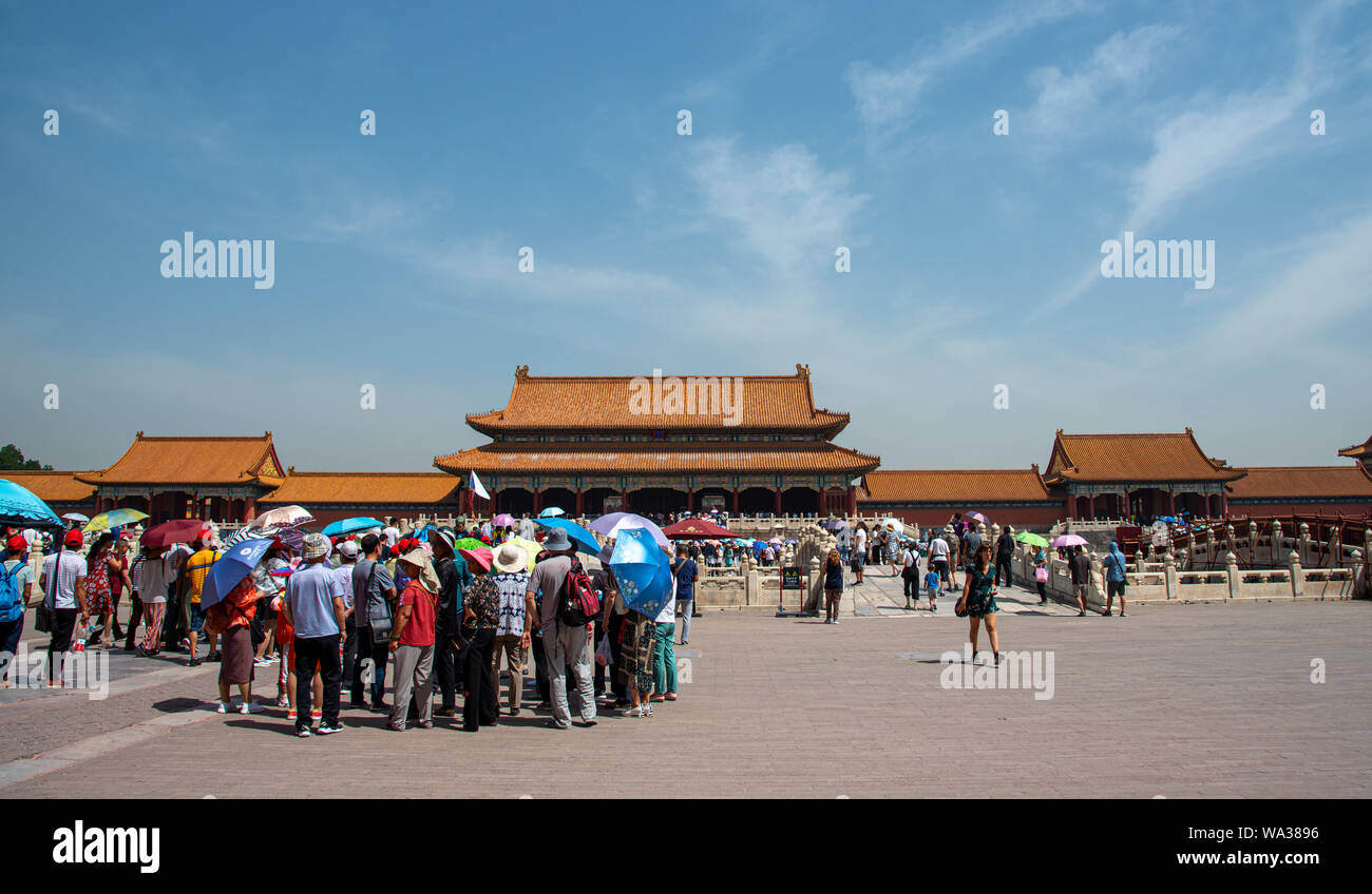 Beijing, China – June 5 2018: Crowd of Tourist People with umbrellas at ...