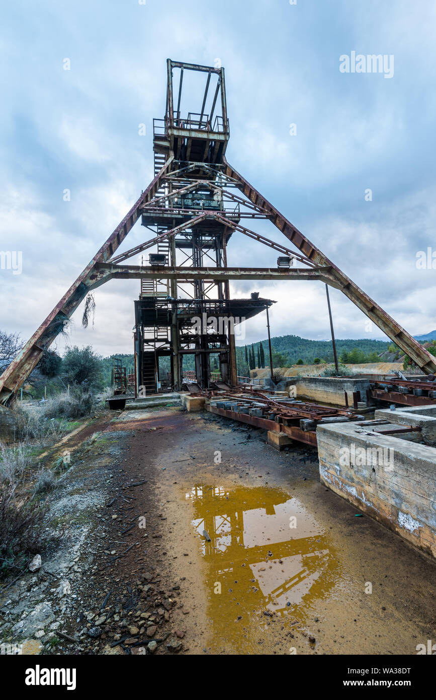 Metallic structure tower on an abandoned Mine at Mitsero area in Cyprus ...