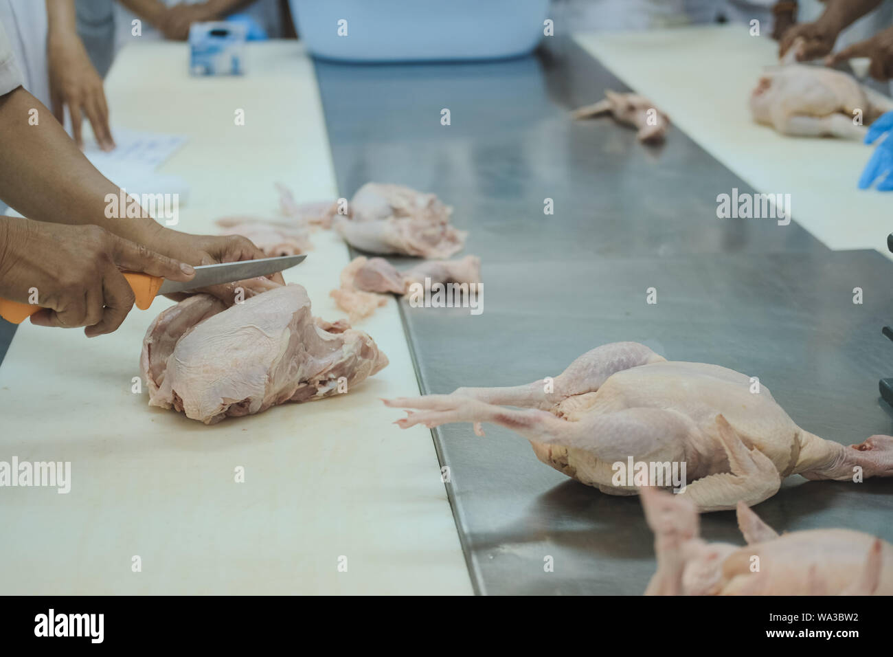 cutting chicken carcass in factory. poultry production in food plant ...