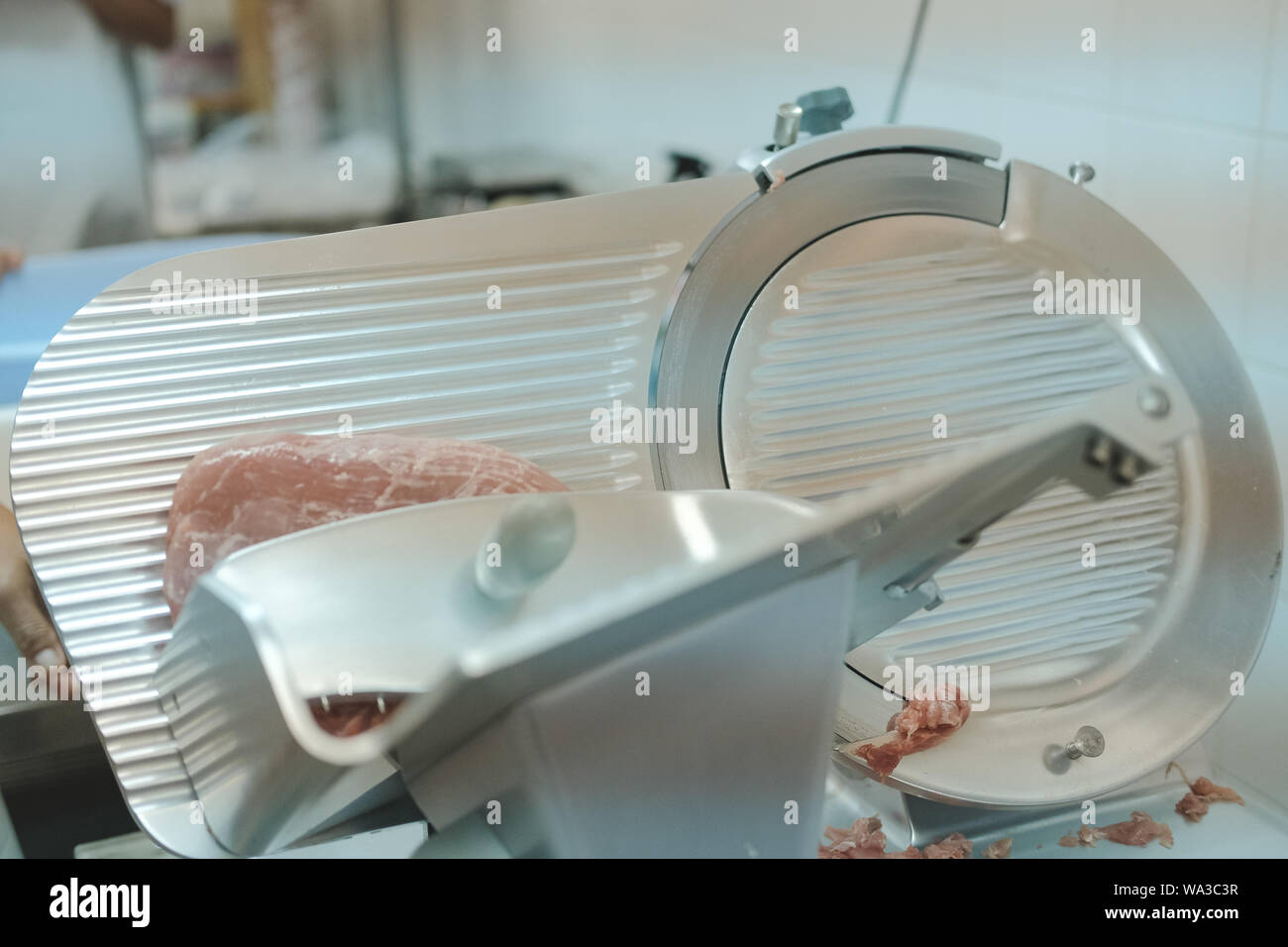 meat cutting slicing machine in food processing factory industry Stock ...