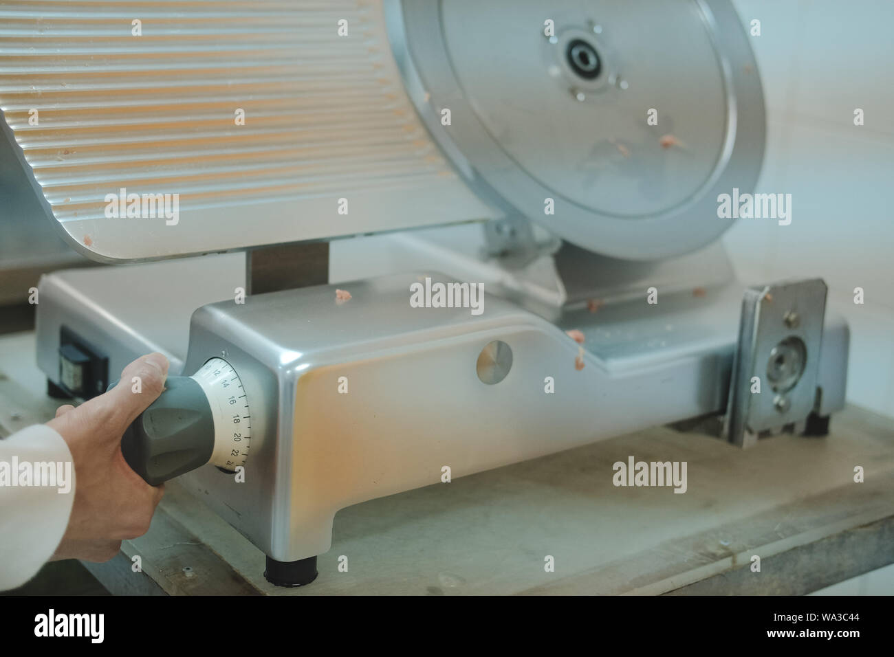 meat cutting slicing machine in food processing factory industry Stock ...