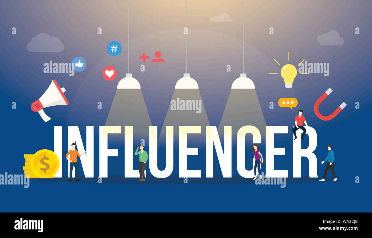 influencer big words text with team people and social media icon with modern flat style - vector ...