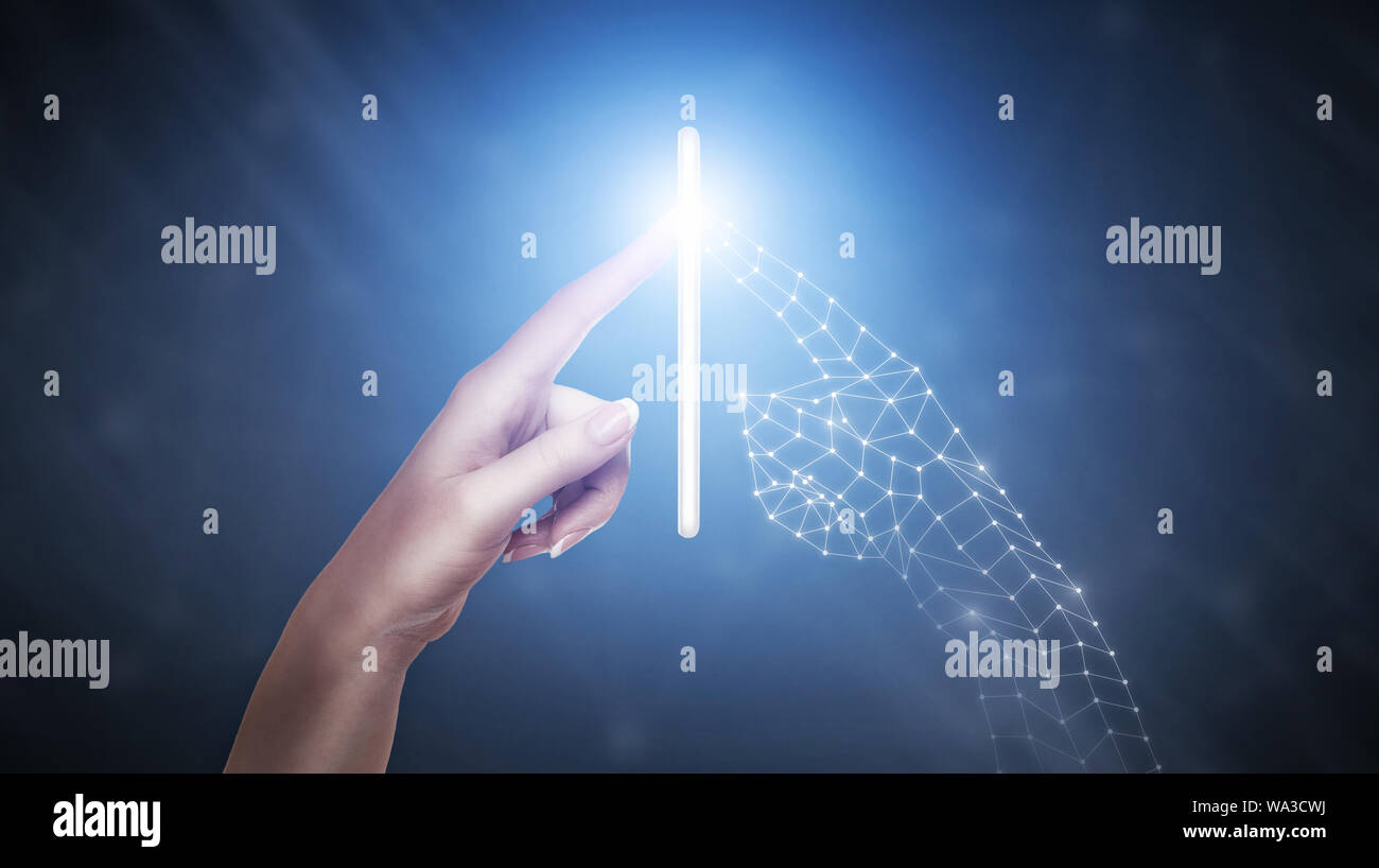 Woman and virtual hand touching both sides of cellphone Stock Photo - Alamy