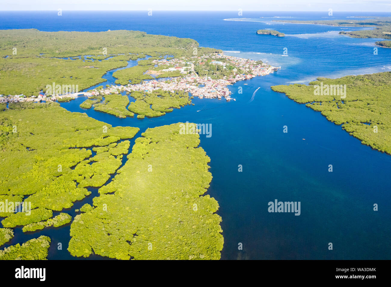 Town on the water and mangroves, top view. Coast of the island of ...