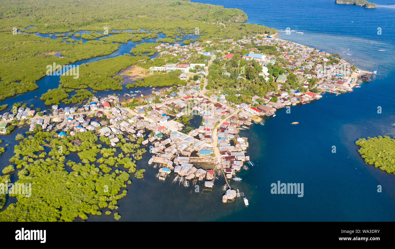 Town on the water and mangroves, top view. Coast of the island of ...