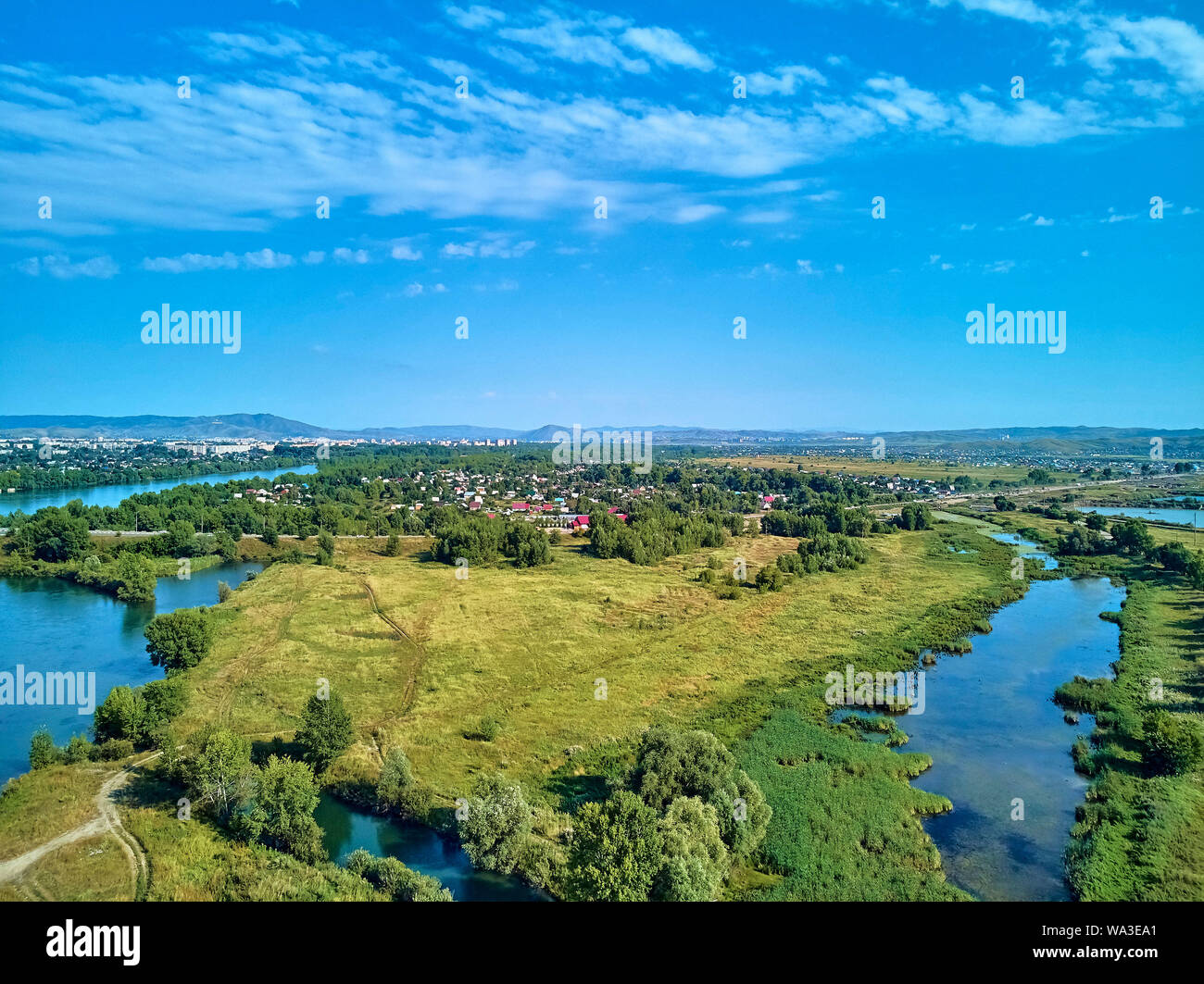 Beautiful panoramic aerial drone view to the confluence of the rivers ...
