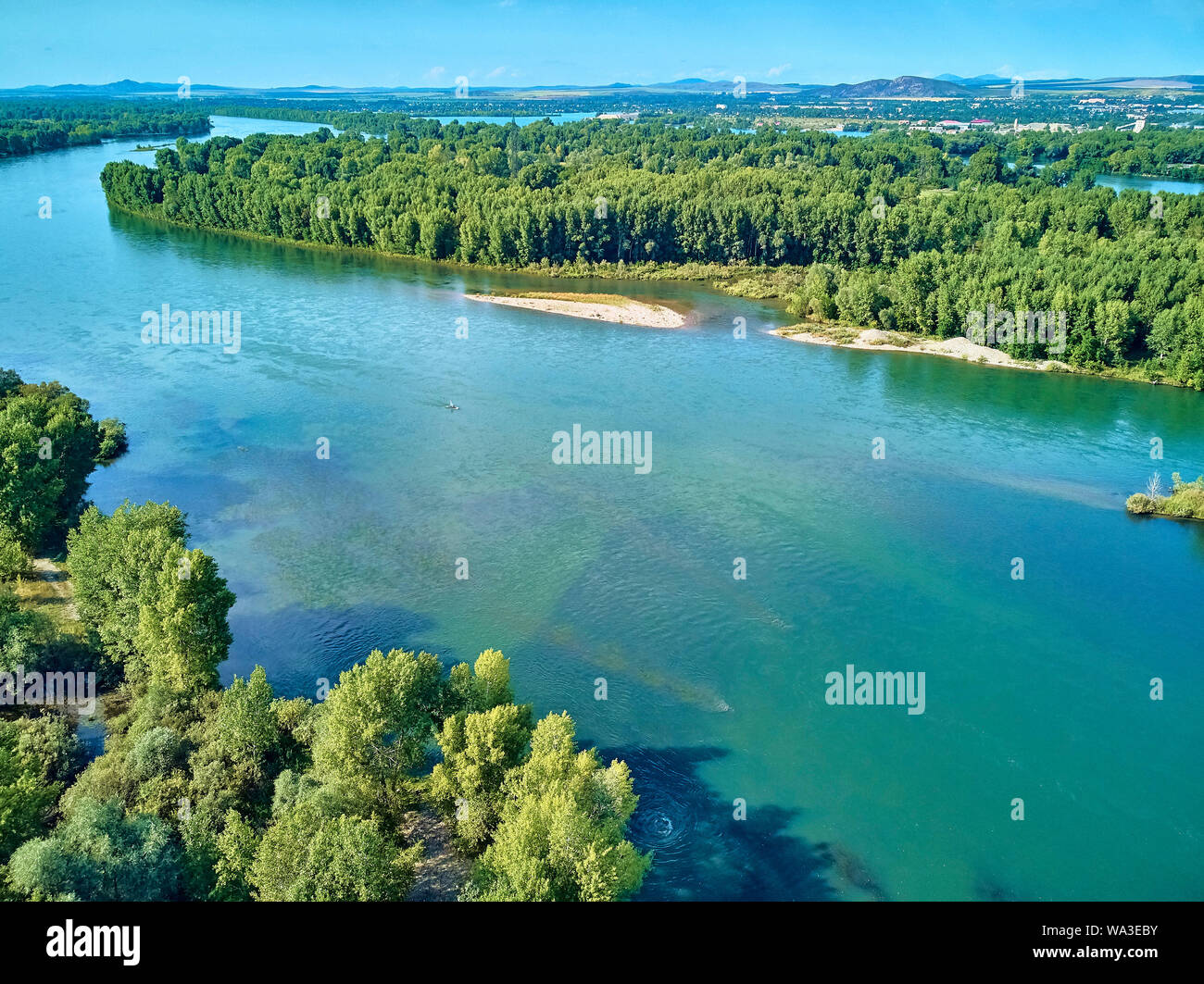 Beautiful panoramic aerial drone view to the confluence of the rivers ...