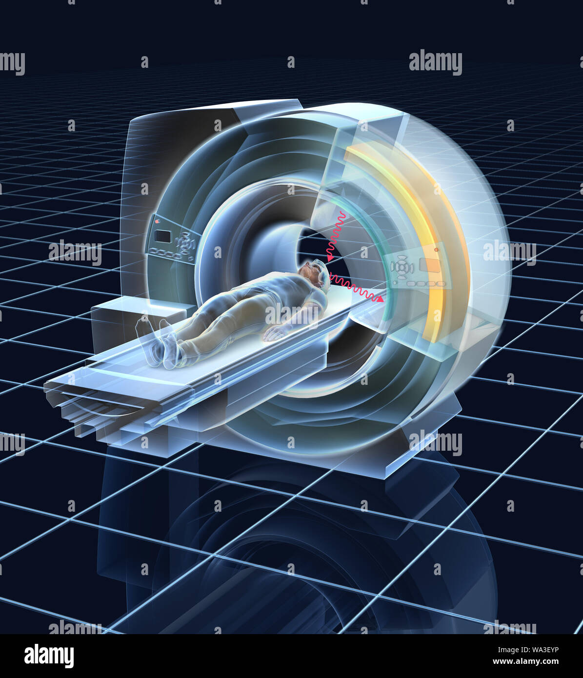 This 3D Illustration showing a man in a MRT machine Stock Photo - Alamy