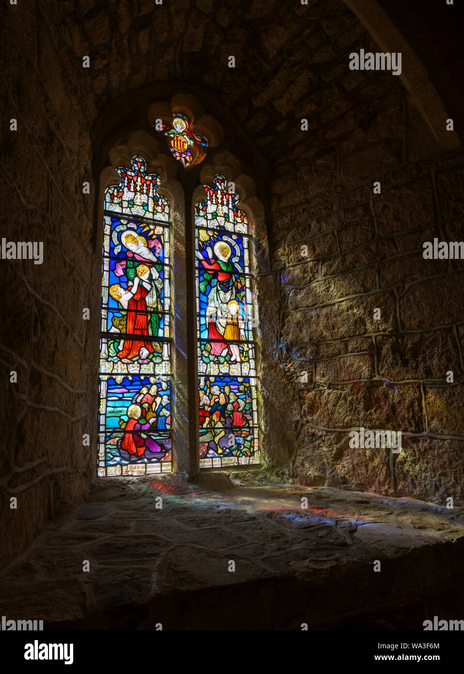 Detail of a stained glass window showing coloured reflections Stock ...