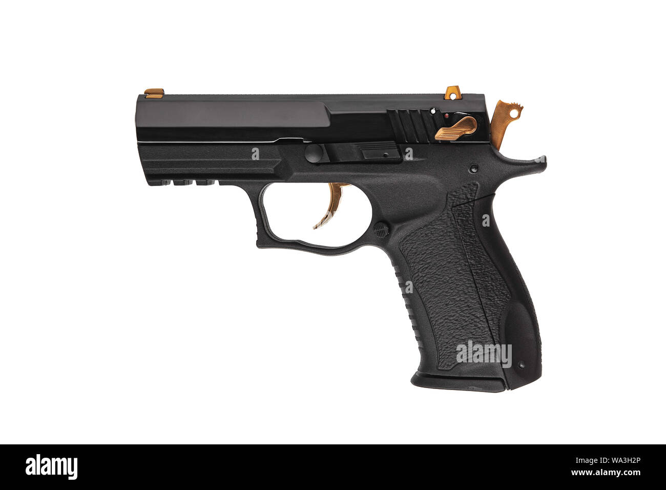 Black gun with gilded elements isolate on a white background. Gift ...