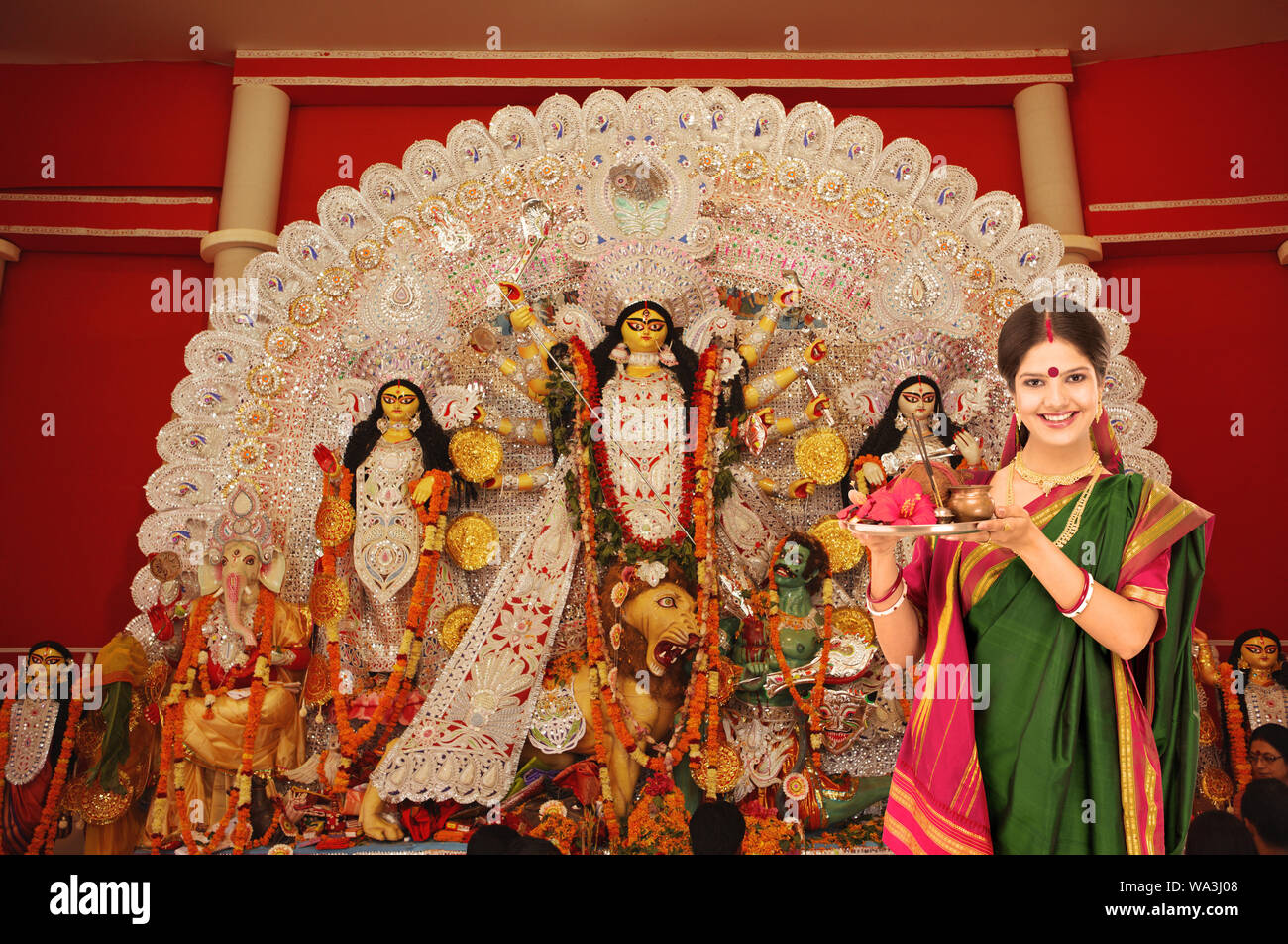Bengali woman celebrating durga pooja, Kolkata, West Bengal, India ...
