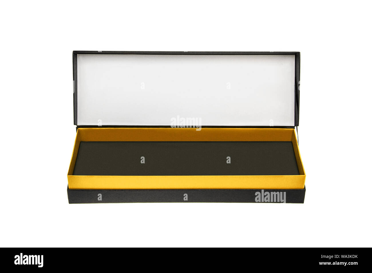 A small open black paper box with a yellow stripe for a gift. Gift ...