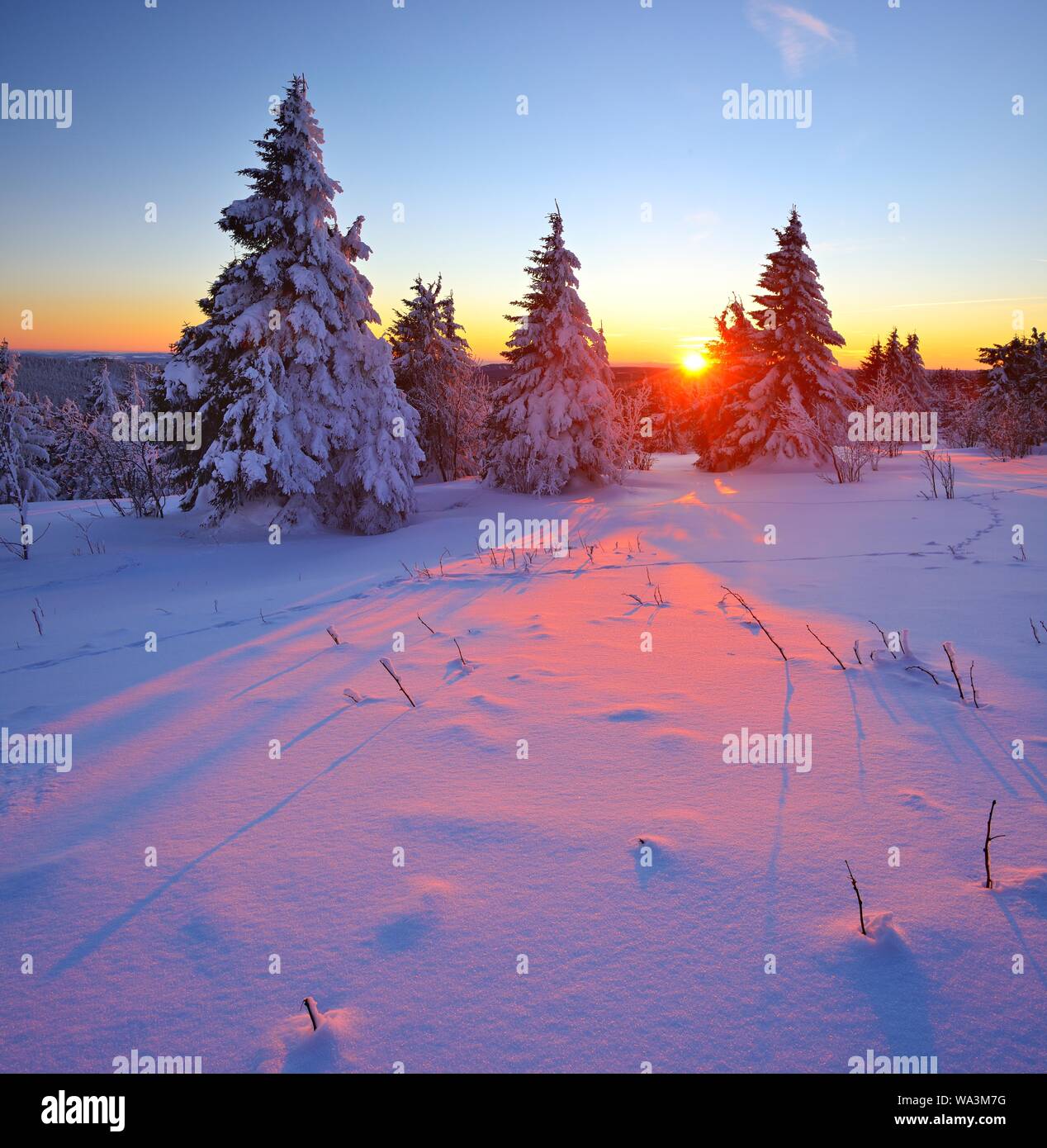 Deep snow-covered winter landscape at Fichtelberg at sunset, snow ...