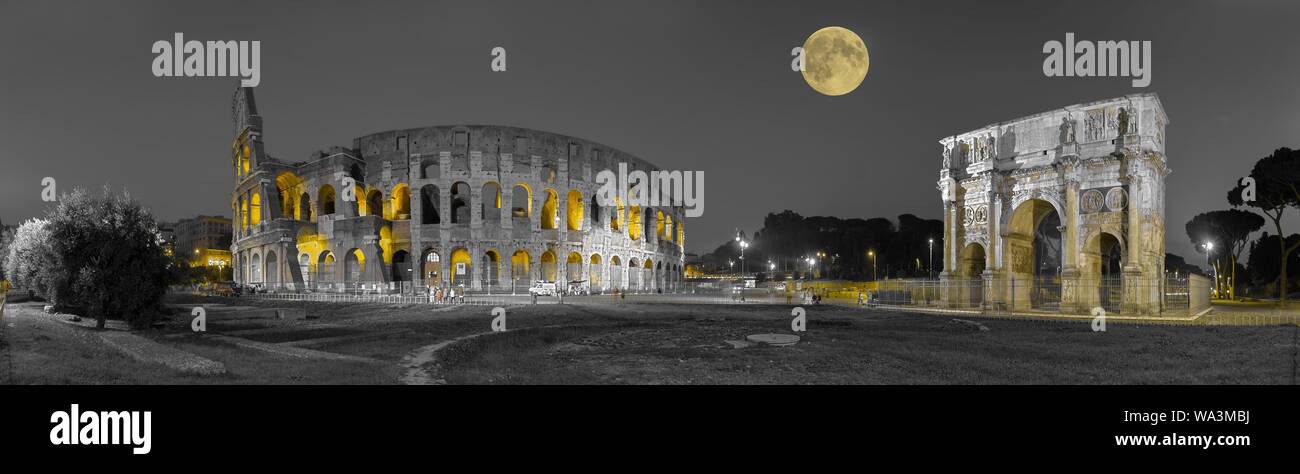 Full moon over Colosseum and Constantine Arch at night, colorkey ...