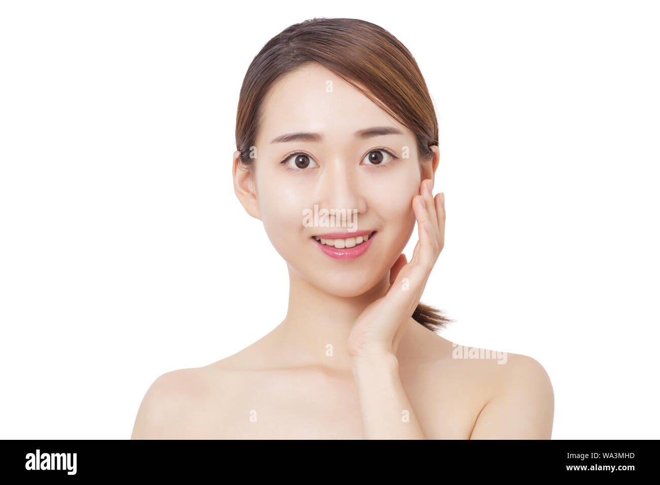 A beautiful woman, smooth skin touch her face Stock Photo - Alamy
