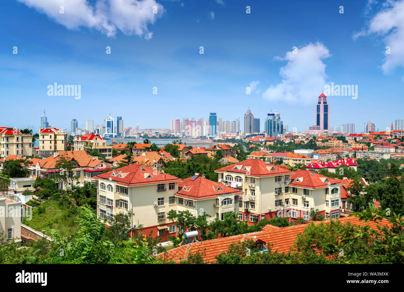 Bird's eye view of red roofs and cityscape, Qingdao, China Stock Photo ...