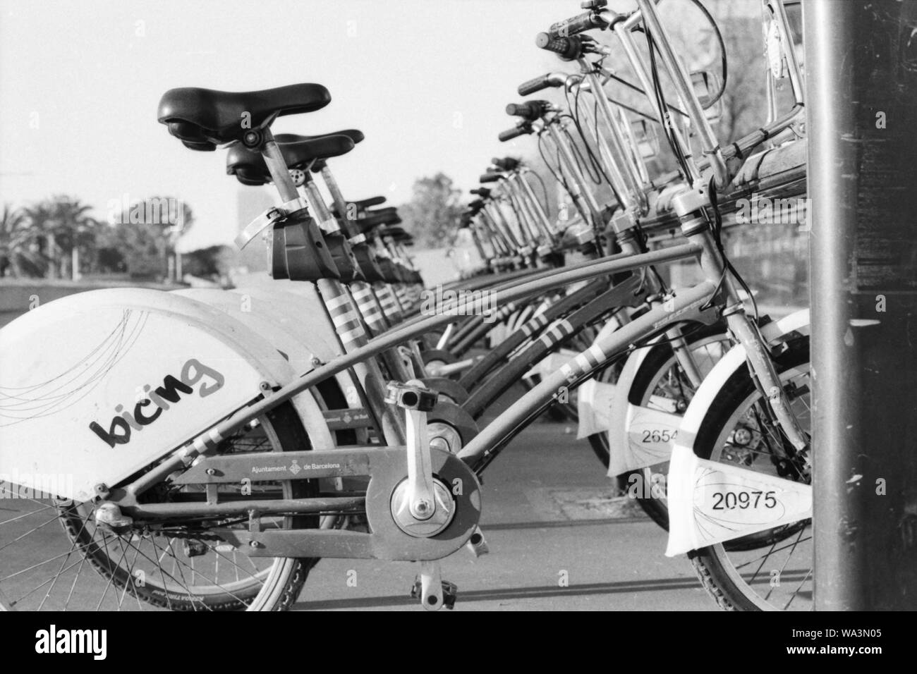 "Bicing" bike sharing service's bycicles parked in a row at "Passeig de ...