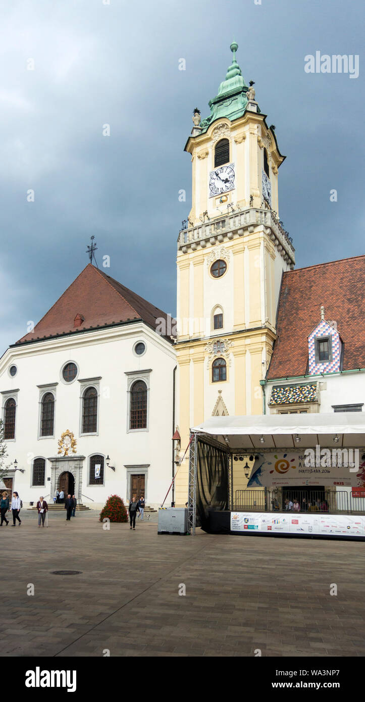 Old Town Hall and clock tower in the ancient city of Bratislava ...